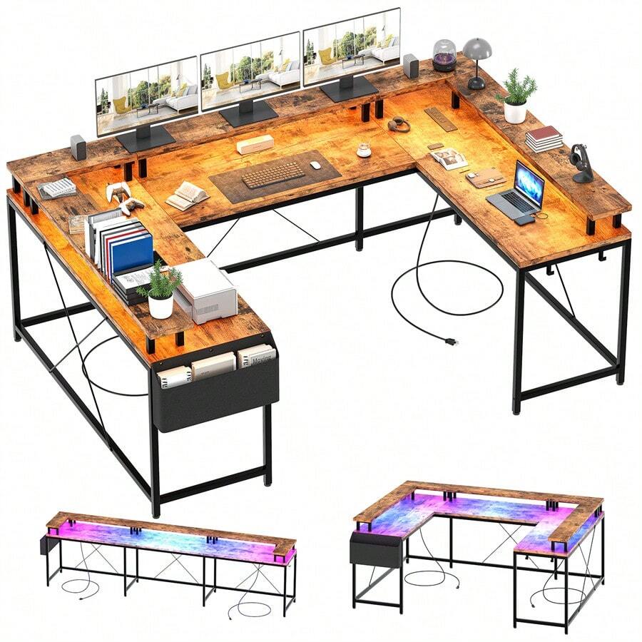 U Shaped Desk, 79 Inch Large Corner Office Desk With Monitor Stands ...