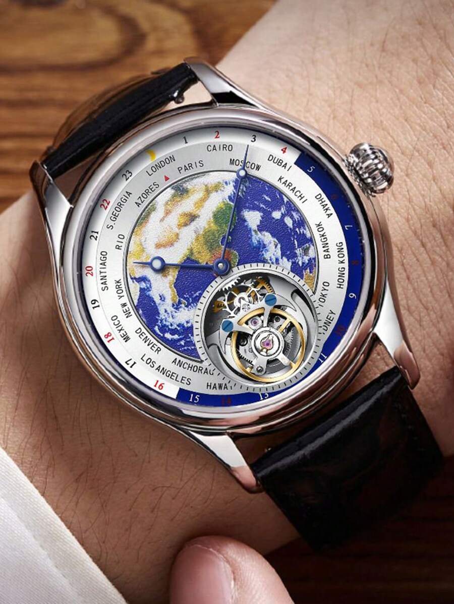AESOP Genuine Flywheel Manual Mechanical Watch, World Map Blue Globe ...