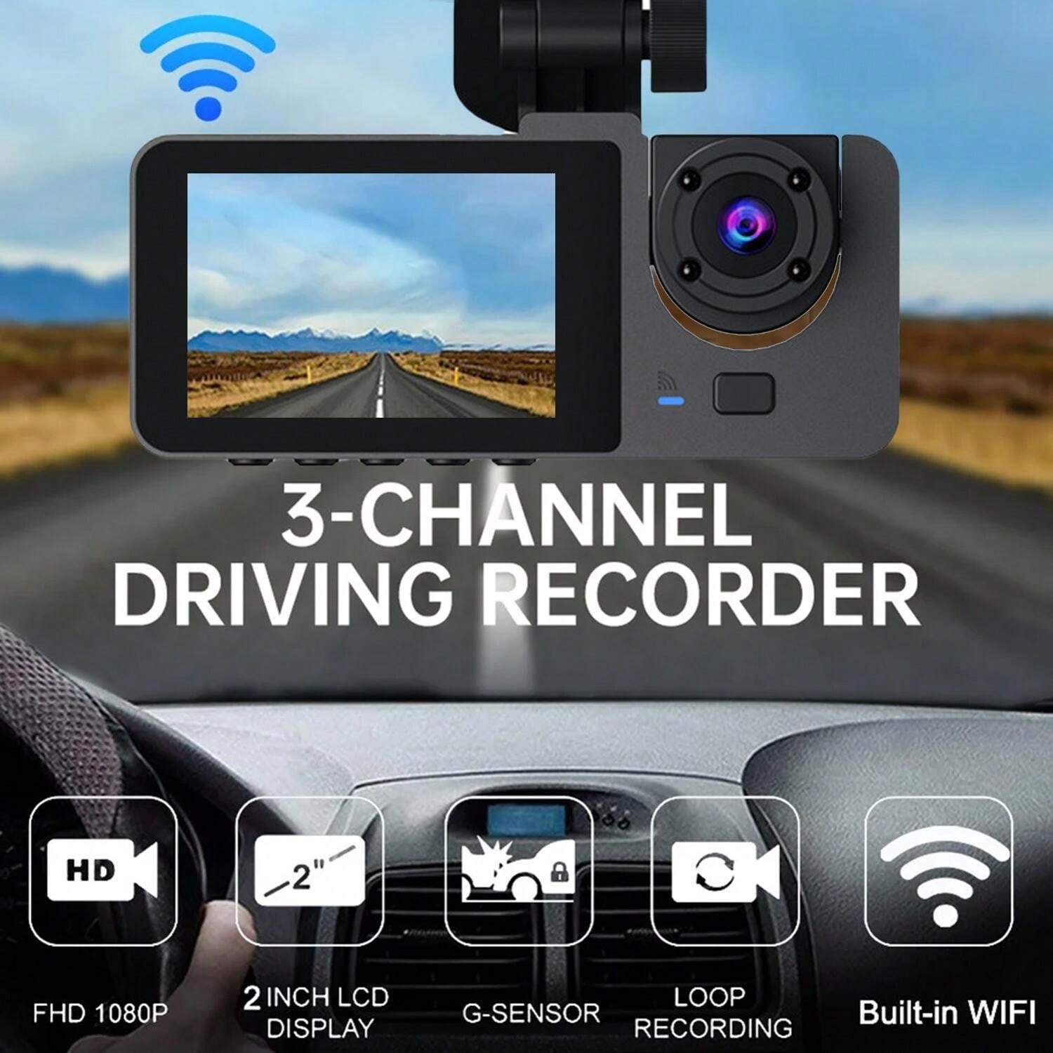 3 Channel Dash Cam Built-In Front & Rear, 1080P Dash Cam IR Night ...