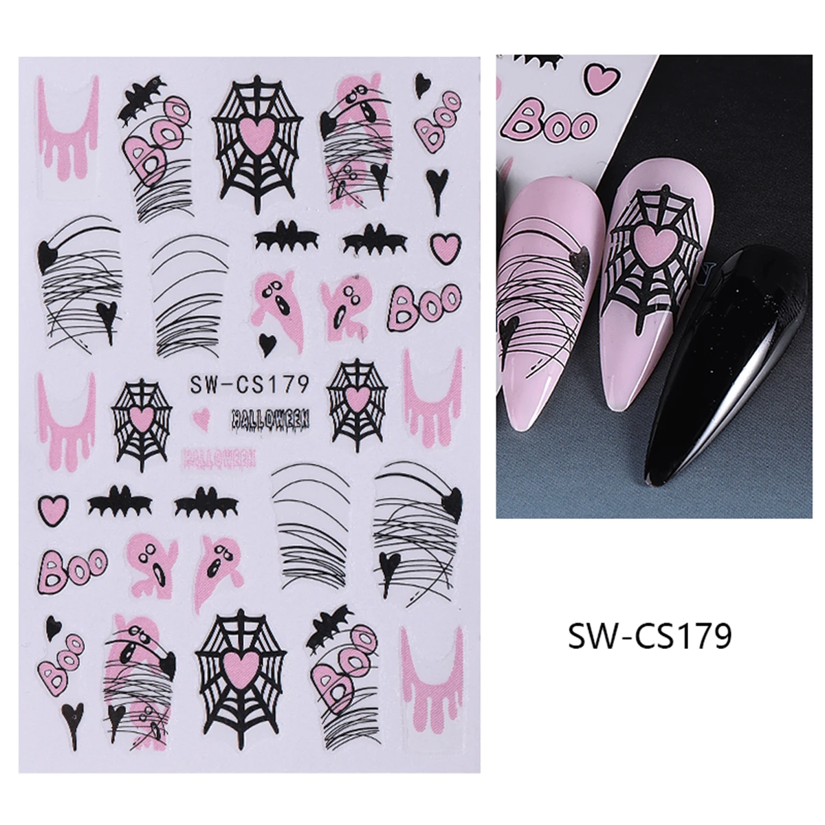 2 stuks Halloween nagelstickers, cartoon roze geest, pompoen, spin ...