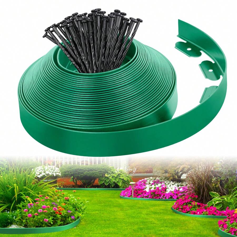 33 FT Landscape Edging Border With 40 Spikes, No Dig Garden Edging 1.8 Inch Tall Lawn Edging ...