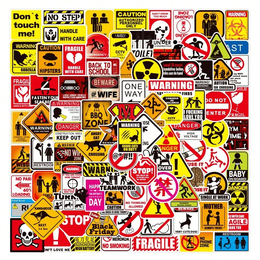 100pcs Warning Signs Stickers Danger Banning Signs Decals DIY Laptop ...