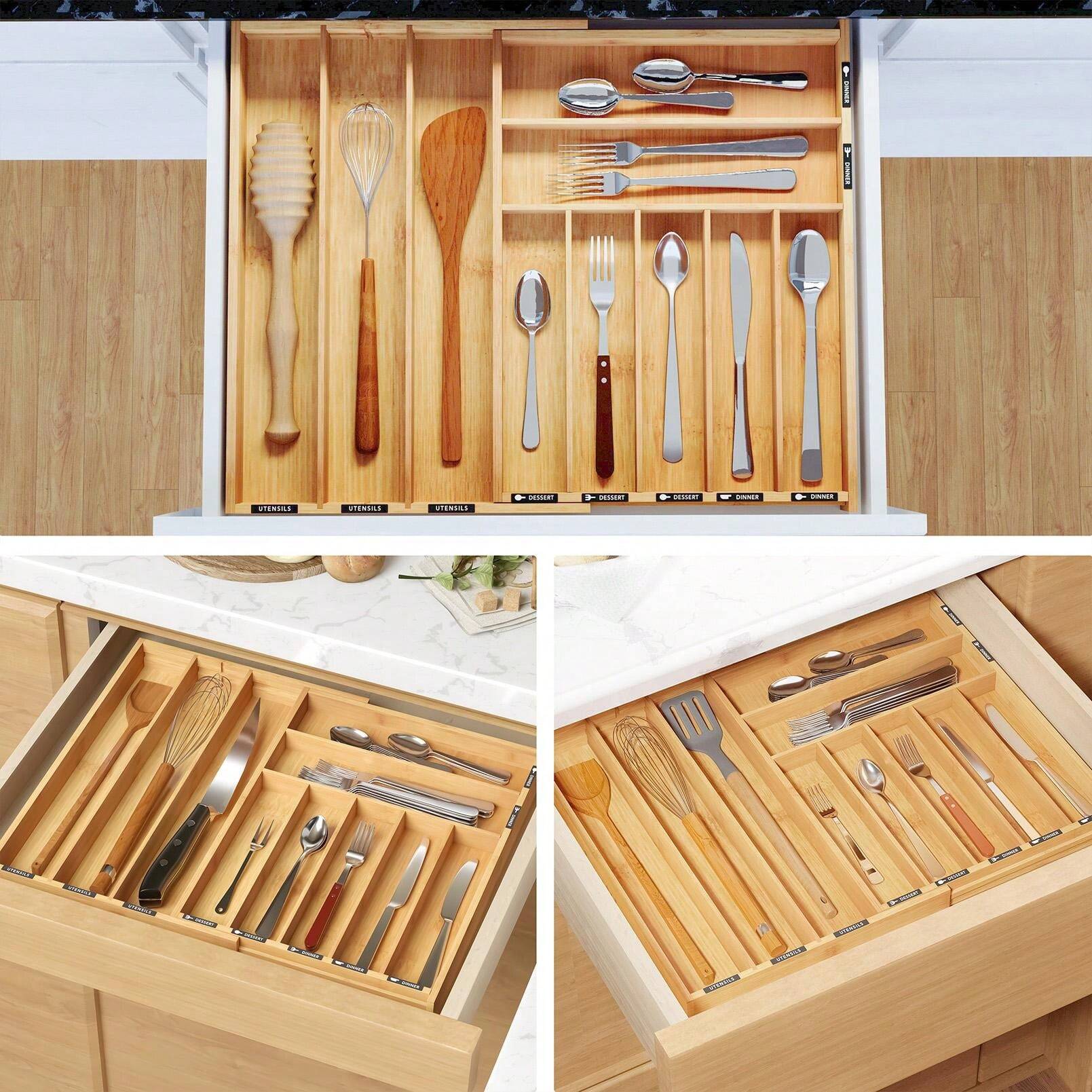 Bamboo Cutlery Drawer Organizer With Labels, Kitchen Utensil Expandable ...
