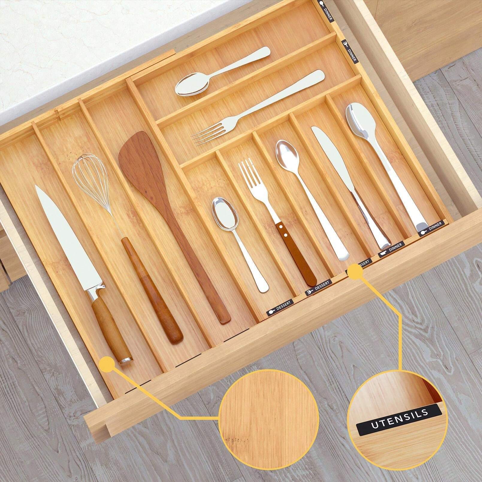 Bamboo Cutlery Drawer Organizer With Labels, Kitchen Utensil Expandable ...