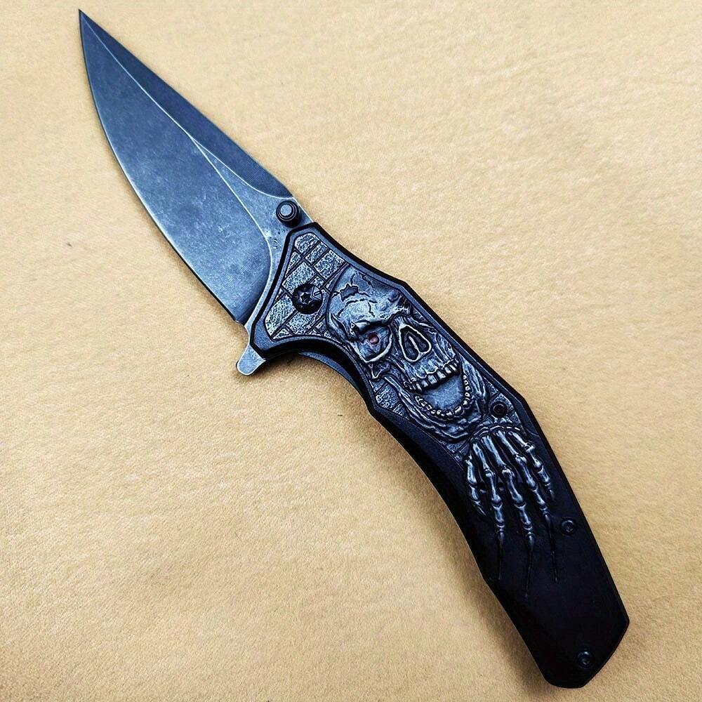 Pocket Knife - Utility Fold Blade Knife - Skull Engraved Style Stone ...