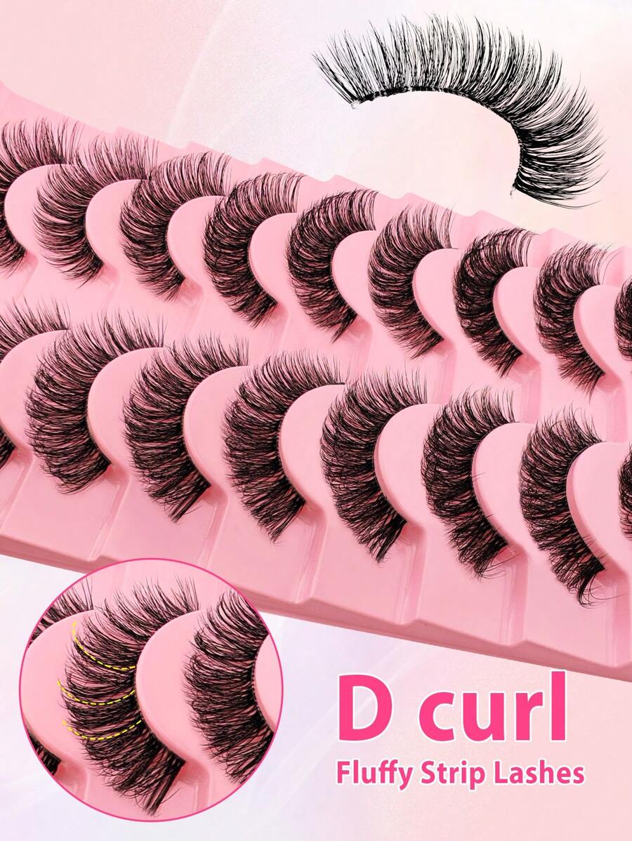 10 Pairs Full False Lashes 18mm Clear Band D Curl Eyelashes Cat Eye ...