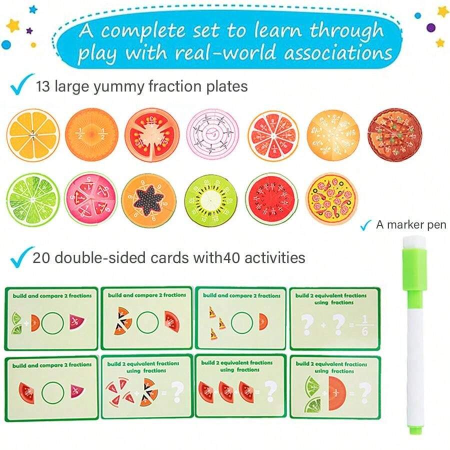 91 PCS Yummy Fractions - Wooden Fraction Tiles & Circles, Bars ...