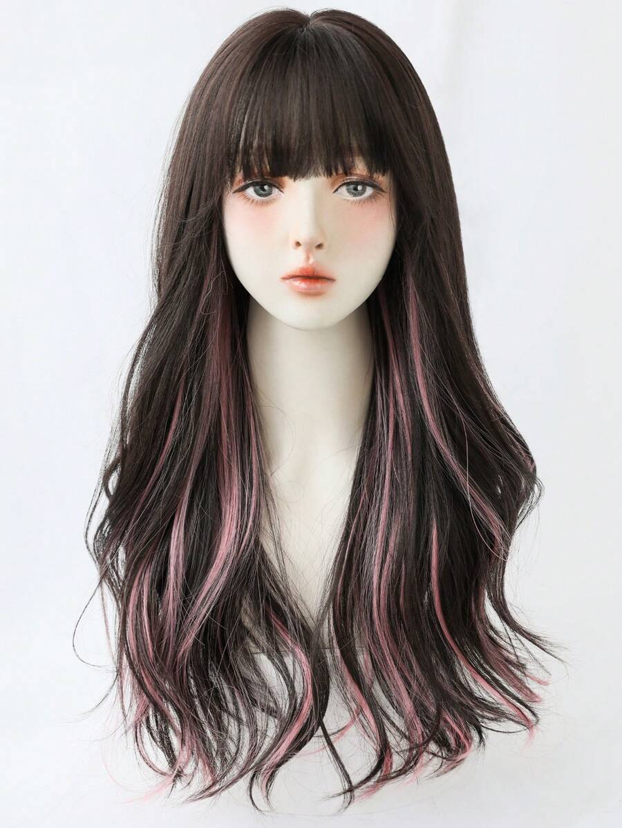 NICKY WALL NICKY WALLハイライト ブラック ウィッグ、長めの波状カール ピンクウィッグ 前髪付き、ファッション高品質 ...