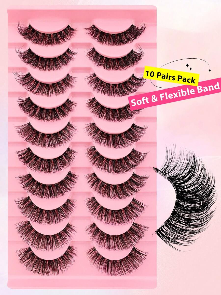 10 Pairs Full False Lashes 18mm Clear Band D Curl Eyelashes Cat Eye ...