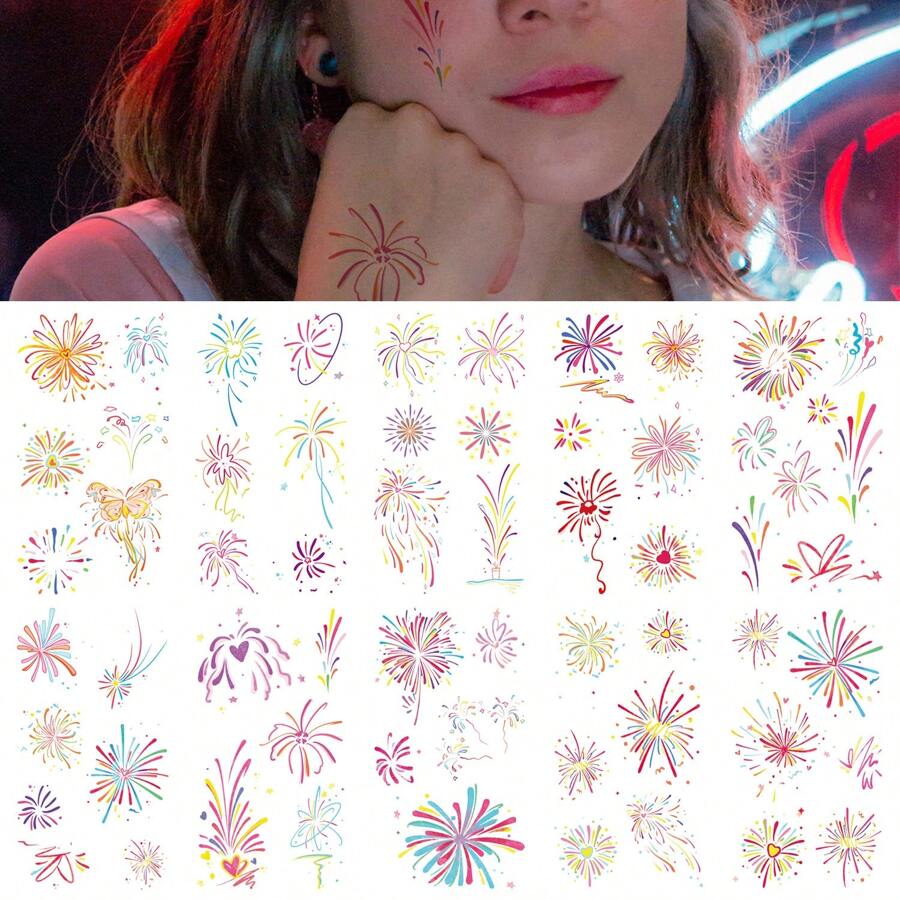 10 Sheets (61 Patterns) Colorful Fireworks Pattern Temporary Tattoo ...