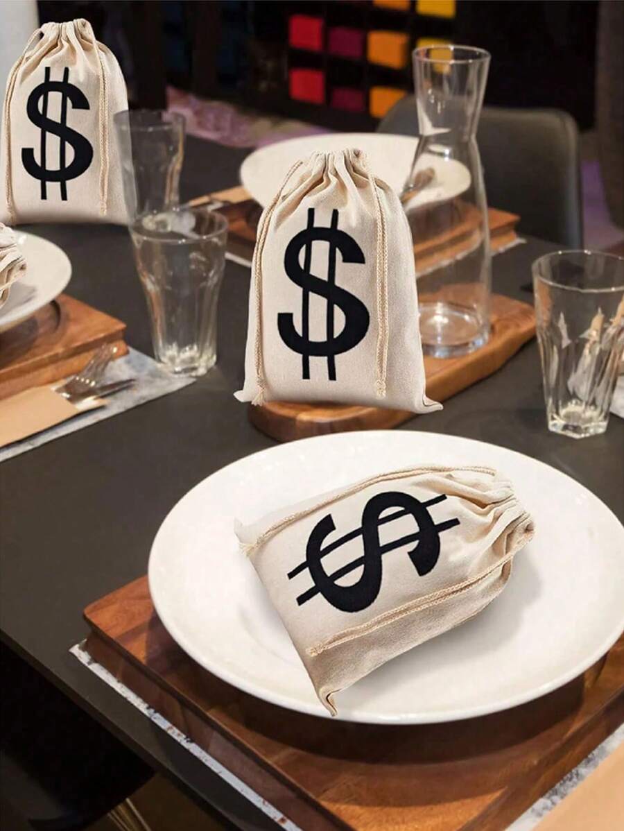 1Pc Canvas Money Bags For Party, Costume Money Bag Prop With Dollar ...