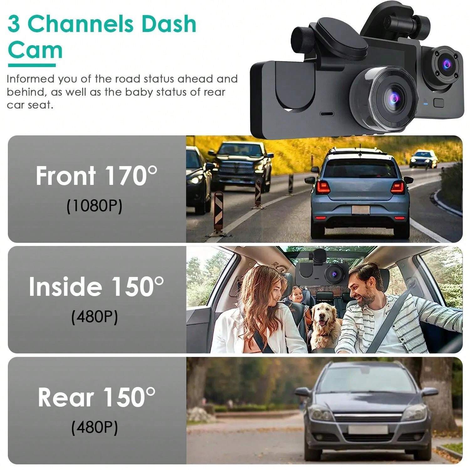 3 Channel Dash Cam Built-In Front & Rear, 1080P Dash Cam IR Night ...