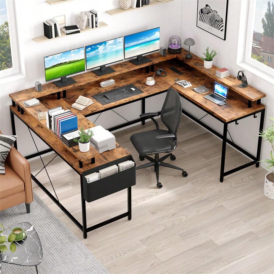 U Shaped Desk, 79 Inch Large Corner Office Desk With Monitor Stands ...