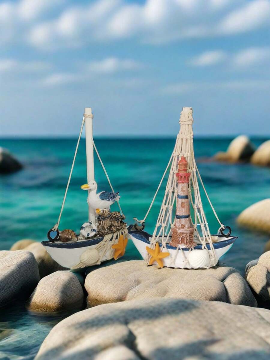 1pc Mediterranean Style Wooden Boat Decorations Rope Net Sailing Mini ...