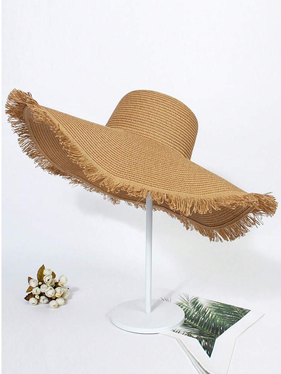 Summer Outdoor Large Eaves Beach Outing Sun Hat Women's Braided Fur ...