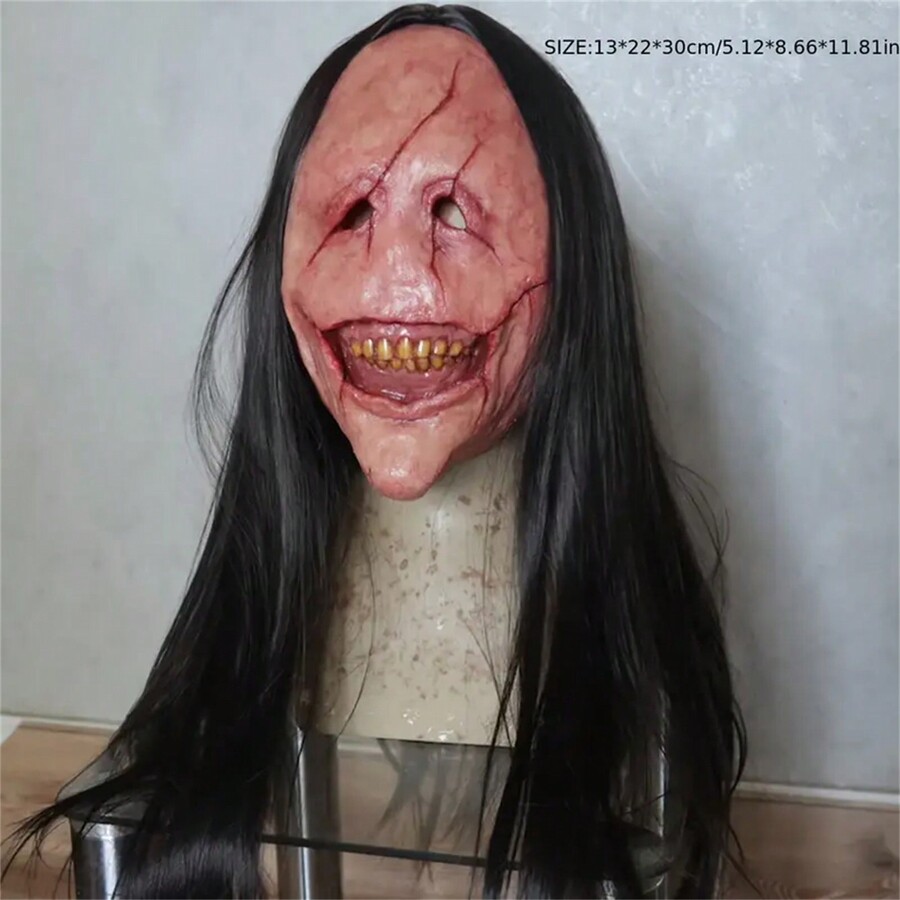 Scary Long Hair Demon Mask, Horrifying Smiling Red Scar Face Devil Mask ...