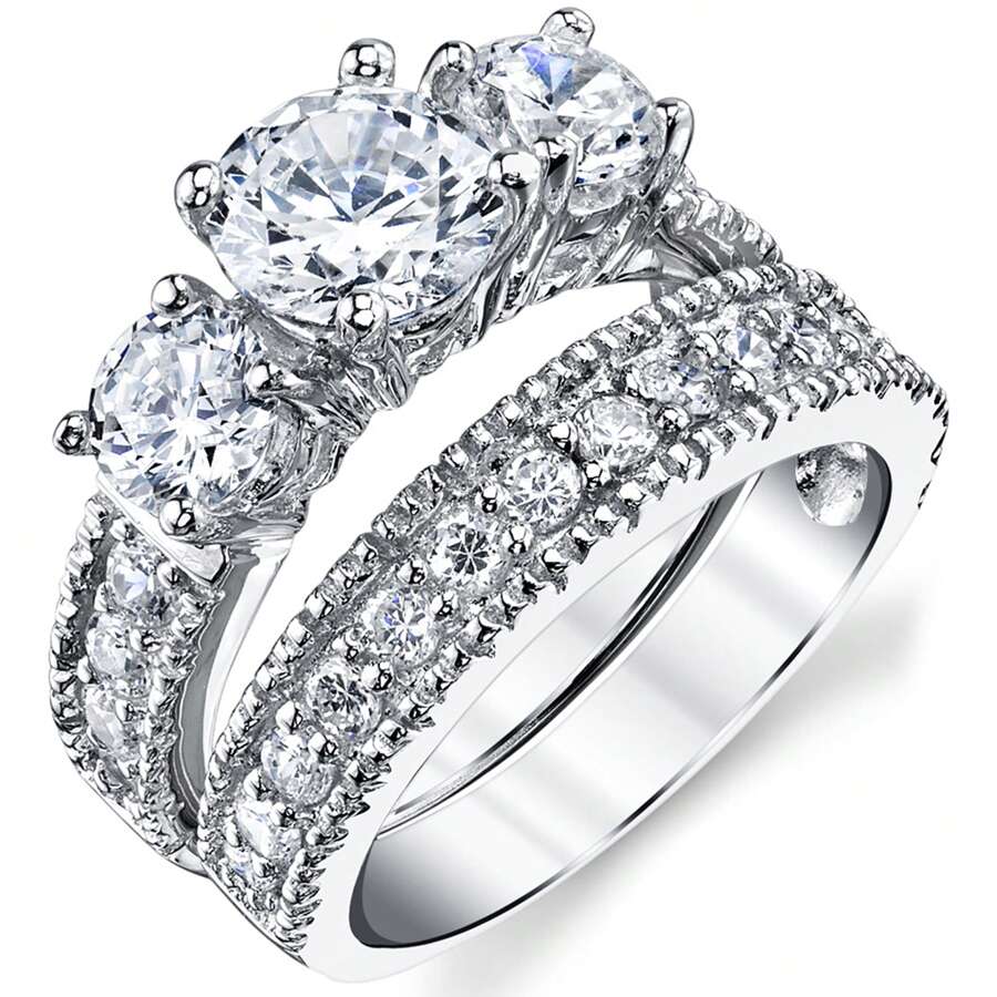Womens 3.4Ct Sterling Silver Past Present Future 2-Pc Bridal Set ...