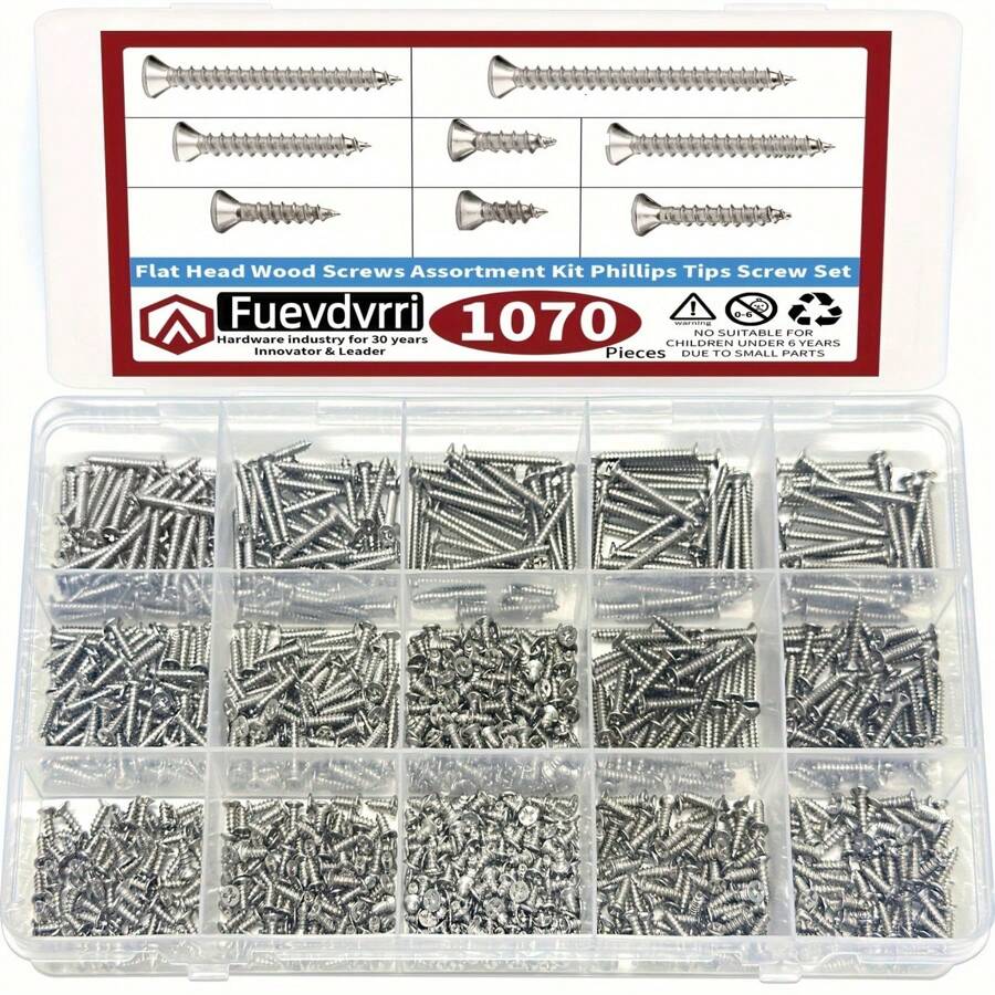 1070pcs Wood Screws Assortment Kit, Phillips Tips Wood Screws Set ...