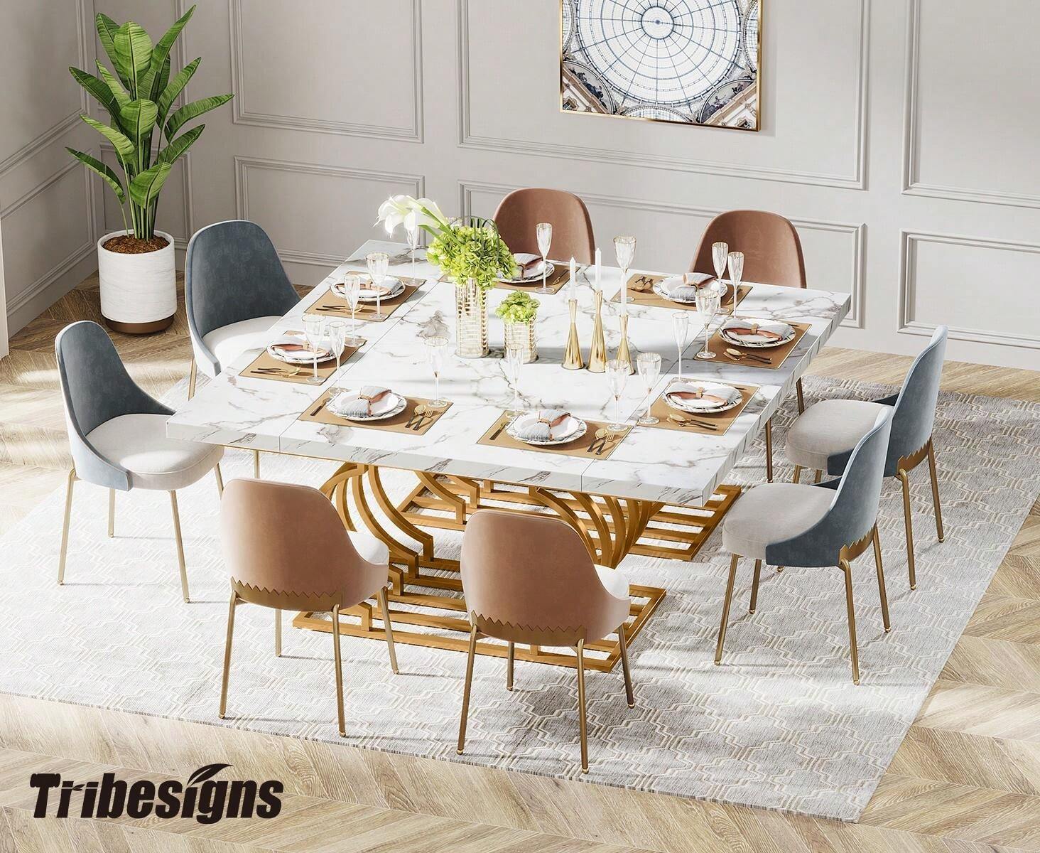 Tribesigns Dining Table, Faux Marble And Wood Table, Unique Rectangular ...