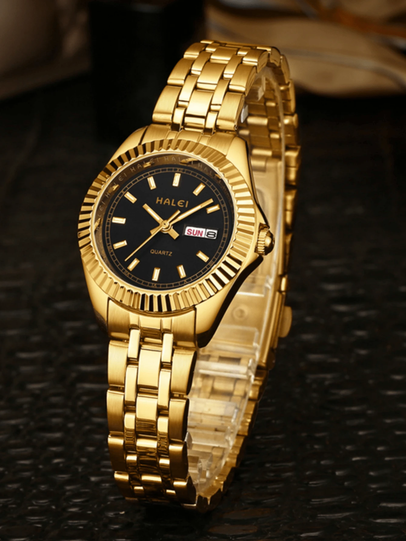 HALEI Couple Watch Stainless Steel Gold Quartz Watch With Gift Box ...