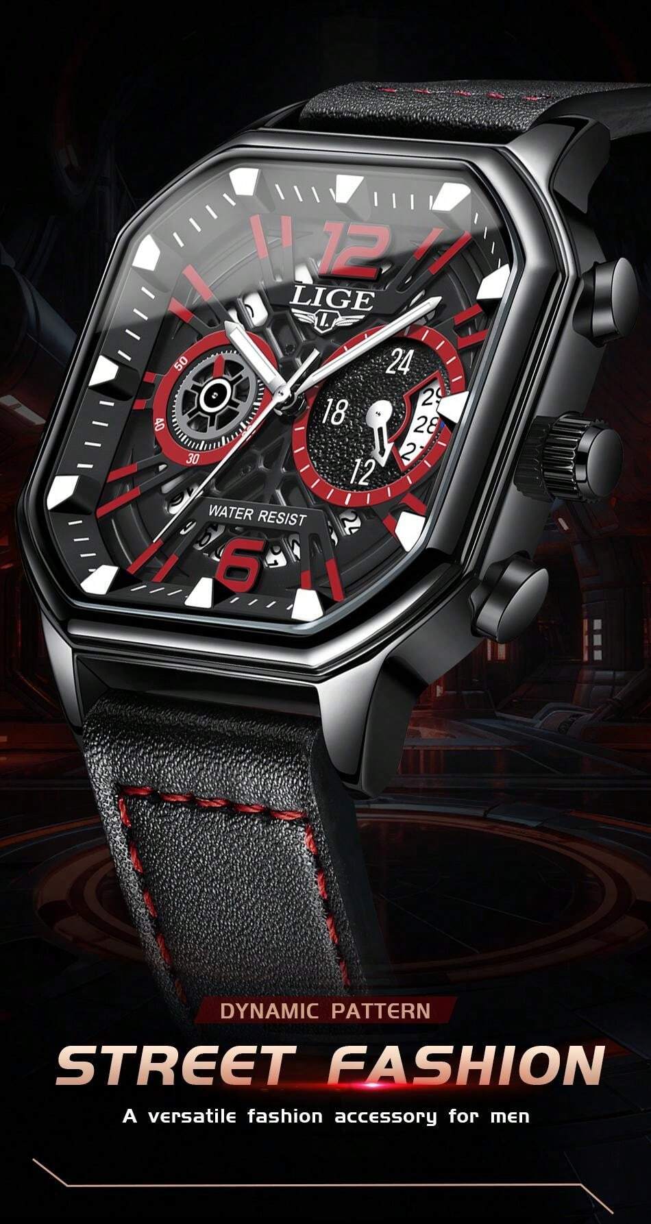 LIGE LIGE Quartz Watch Men's Business Square Dial Clock Multi ...