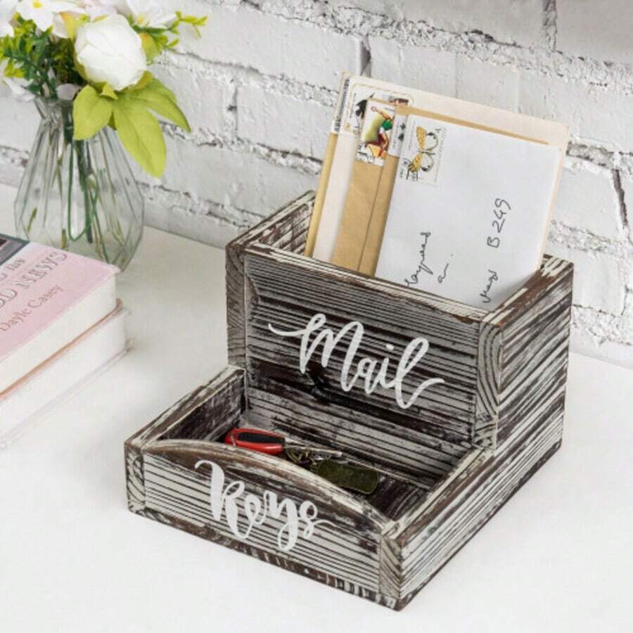 Torched Wood Key And Mail Holder Tray, Tabletop Office Desk Organizer ...