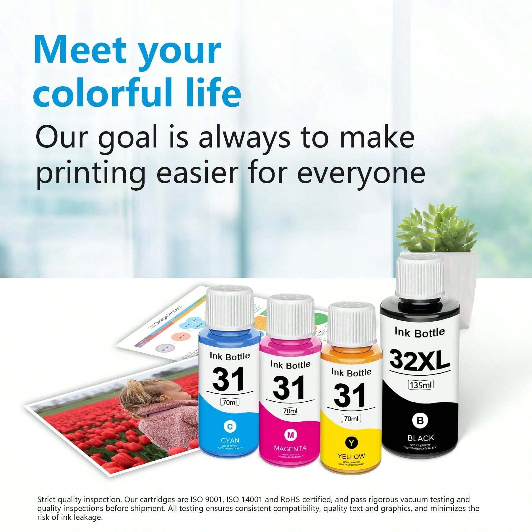 31 32XL Black Cyan Yellow Magenta 4-Pack High Yield Ink Bottle Set ...