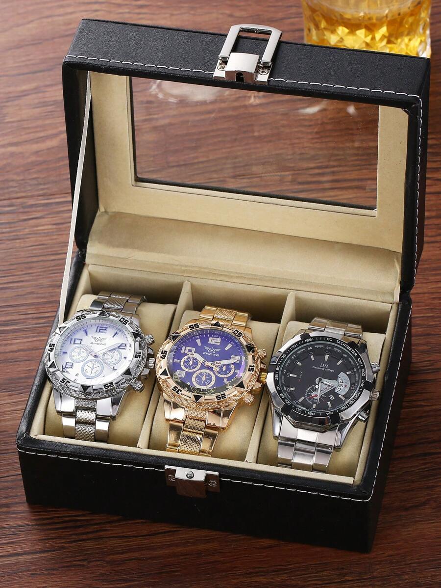 ZHOWE 3pcs/Box Men's Fashion Party Stainless Steel Strap Analog Quartz ...