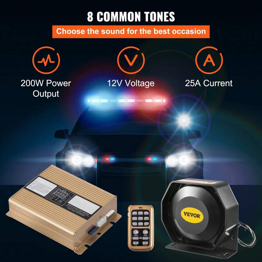 VEVOR VEVOR Police Siren PA System 200W 8 Sound Loud Car Warning Police ...