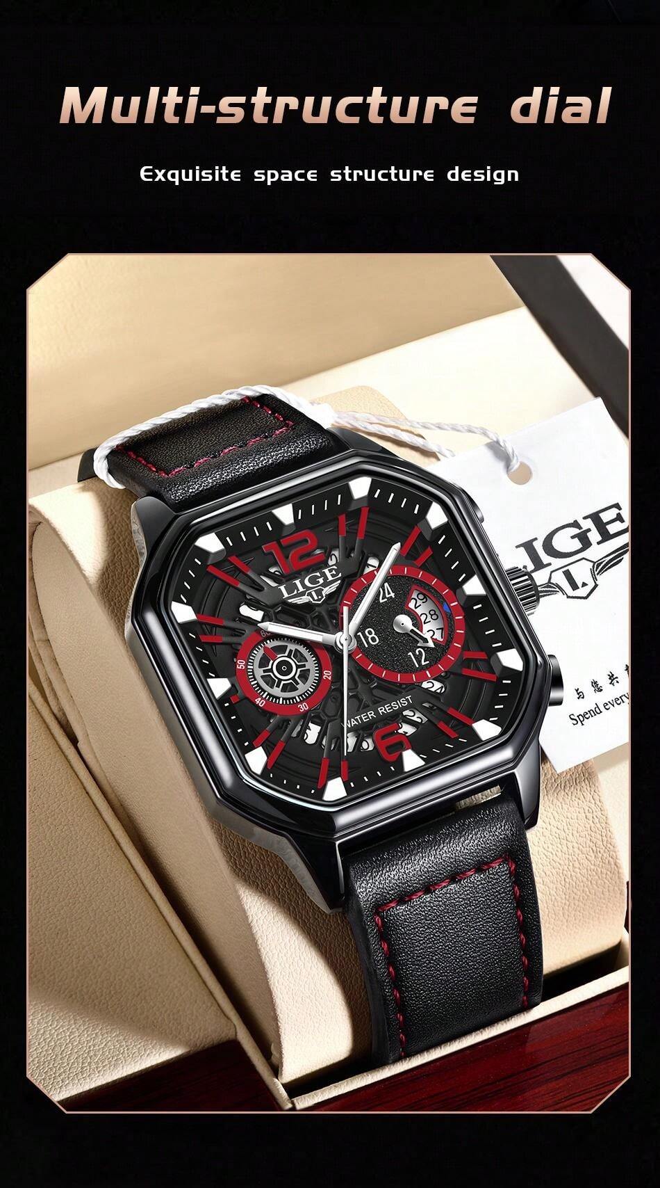 LIGE LIGE Quartz Watch Men's Business Square Dial Clock Multi ...