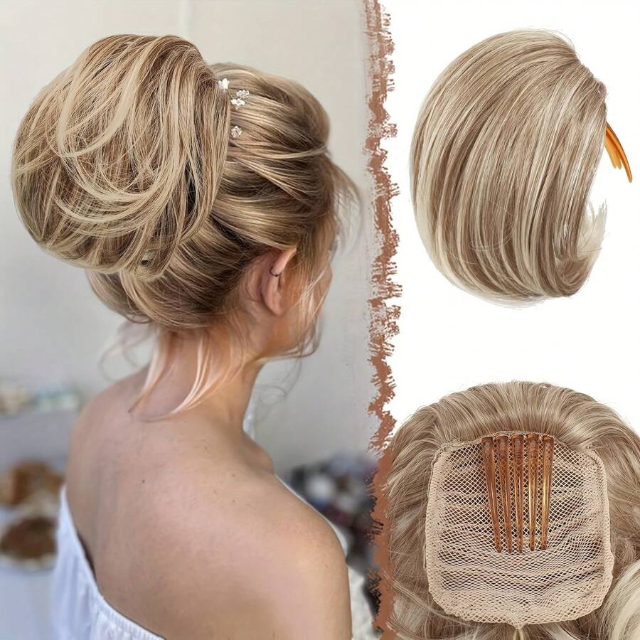 Chignon de cheveux postiche, chignon de queue de cheval complète courte avec peigne clip ...