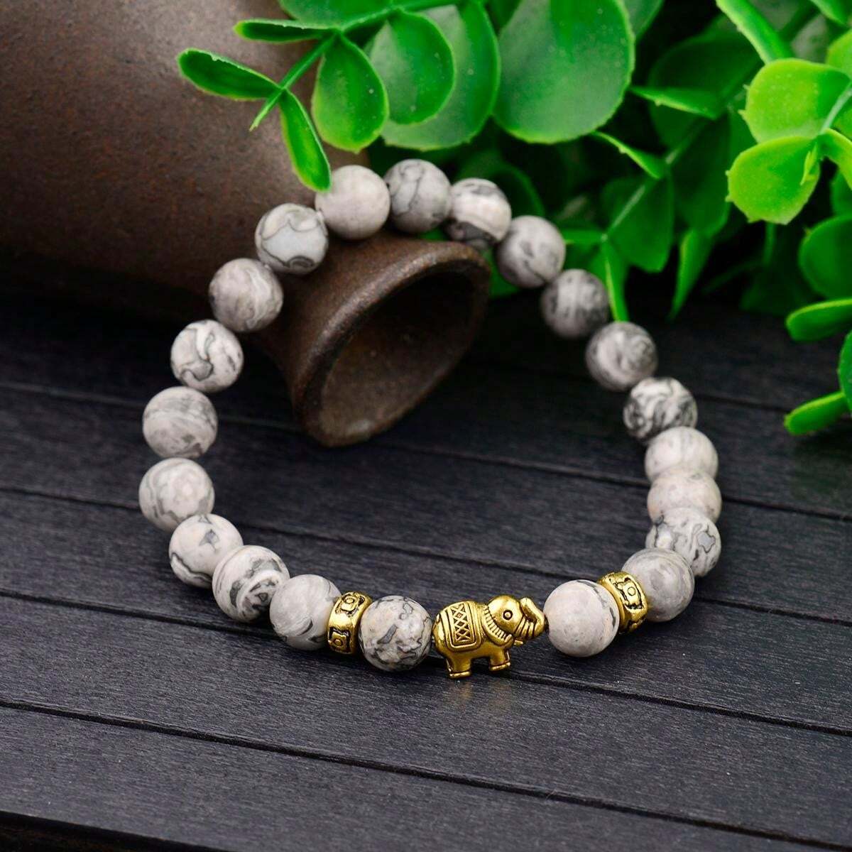 8mm Natural Stone Gold Map Beaded Bracelets Golden Elephant Stretch ...