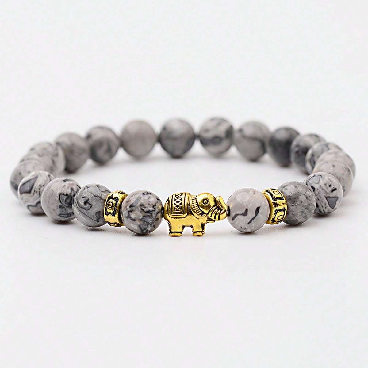 8mm Natural Stone Gold Map Beaded Bracelets Golden Elephant Stretch ...