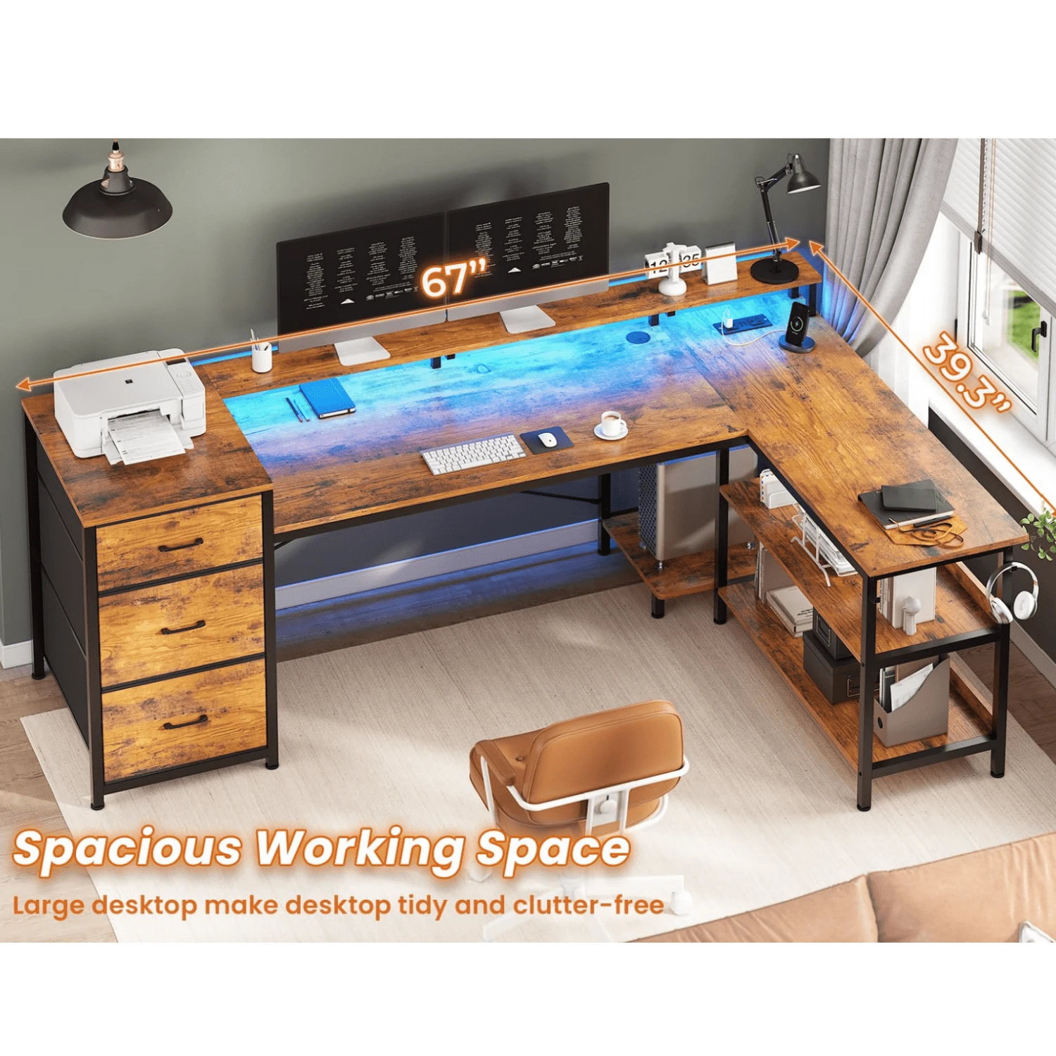 L Shaped Desk With Power Outlet And 2 File Drawer, Corner Computer Desk ...