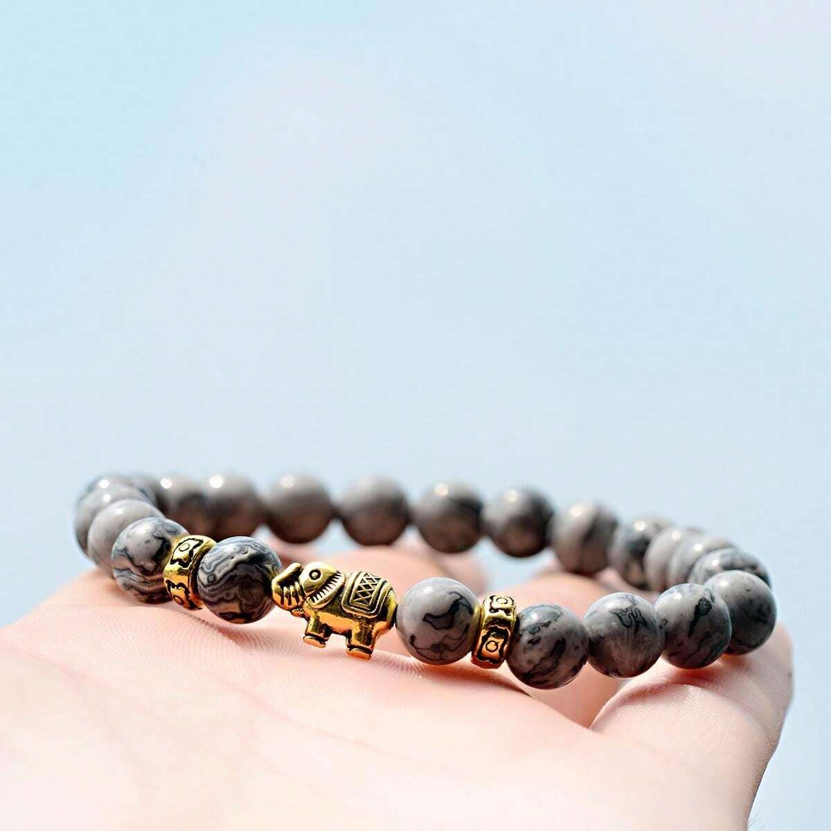 8mm Natural Stone Gold Map Beaded Bracelets Golden Elephant Stretch ...