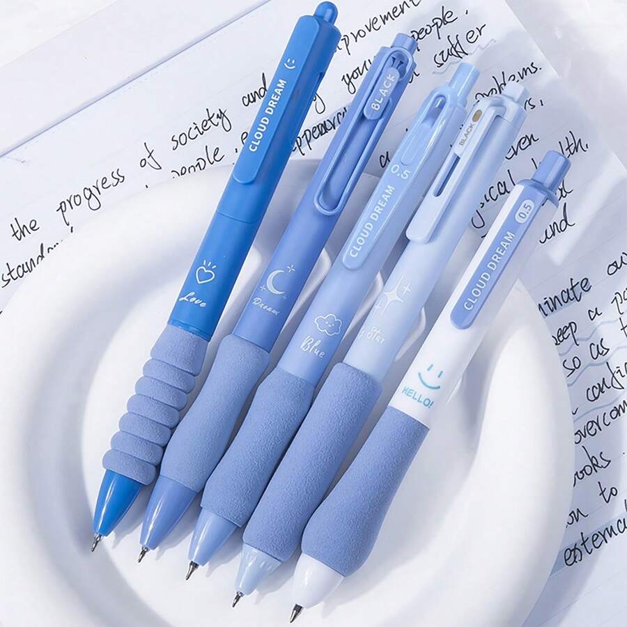 Set Of 5 Blue Push-Button Ballpoint Pens, Retractable Water-Based ...