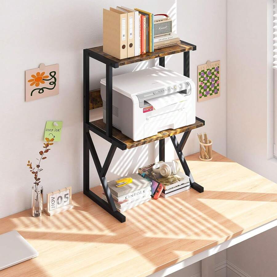 Desktop Printer Stand With 3 Tier Wood Storage Shelves,Under Desk ...