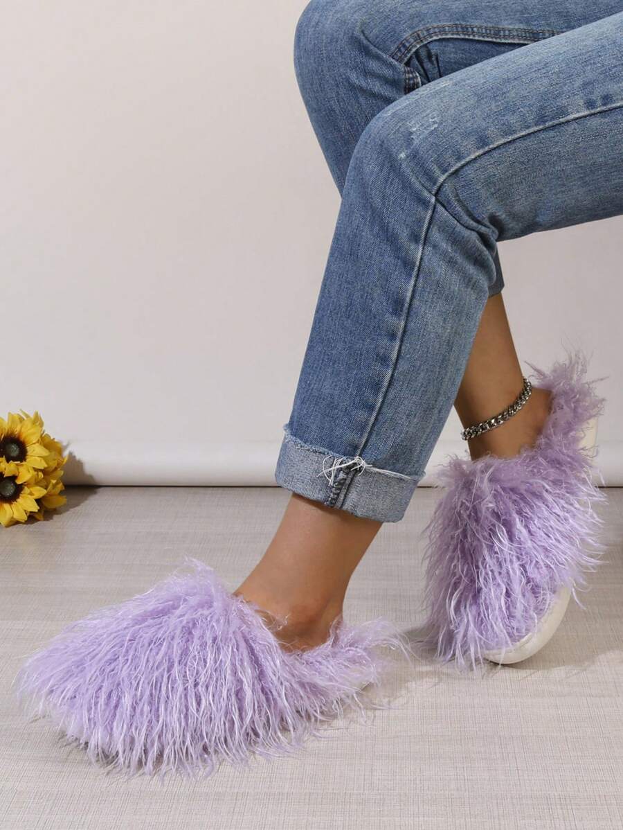Women's New Fashionable Fluffy Slip-On Slippers, Round Toe Faux Fur ...