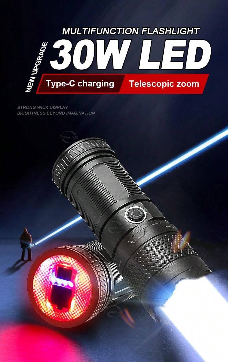 2024年最新 30W LEDホワイトレーザーフラッシュライト 伸縮式ズーム 防水 5つのモード+ 4COB デュアルランプヘッドフラッシュ 内蔵18650バッテリー Type-C USB ...