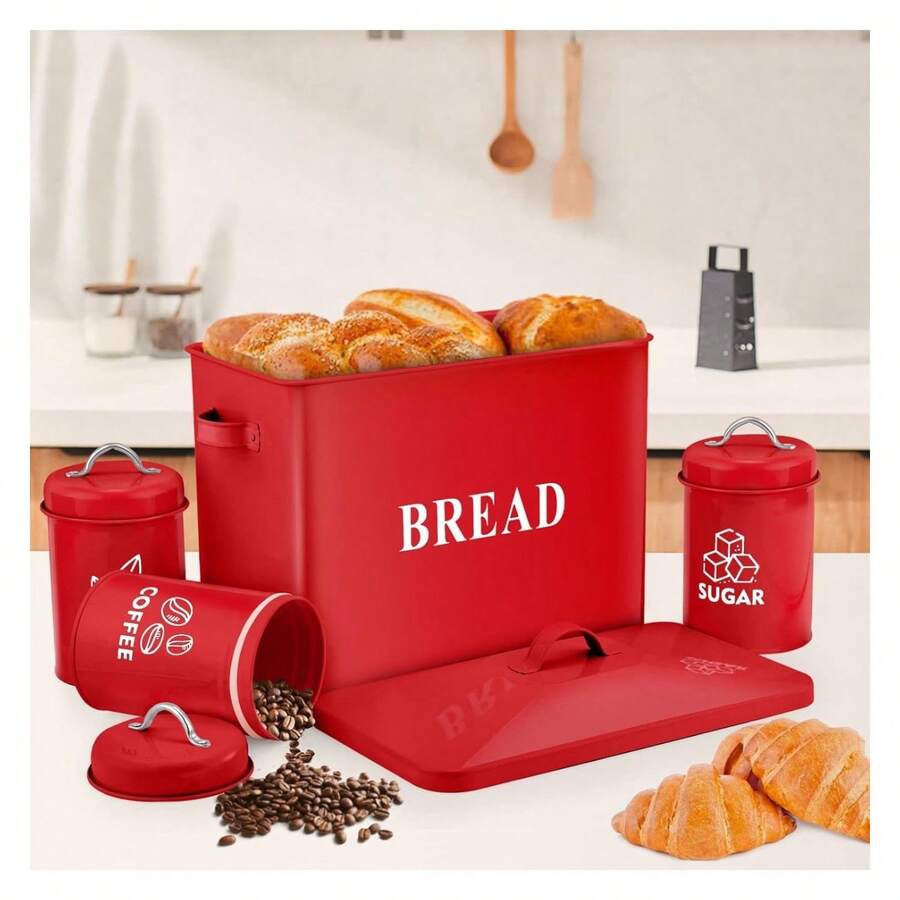 Red Bread Box With Canister Sets For Kitchen Countertop, Metal Bread ...