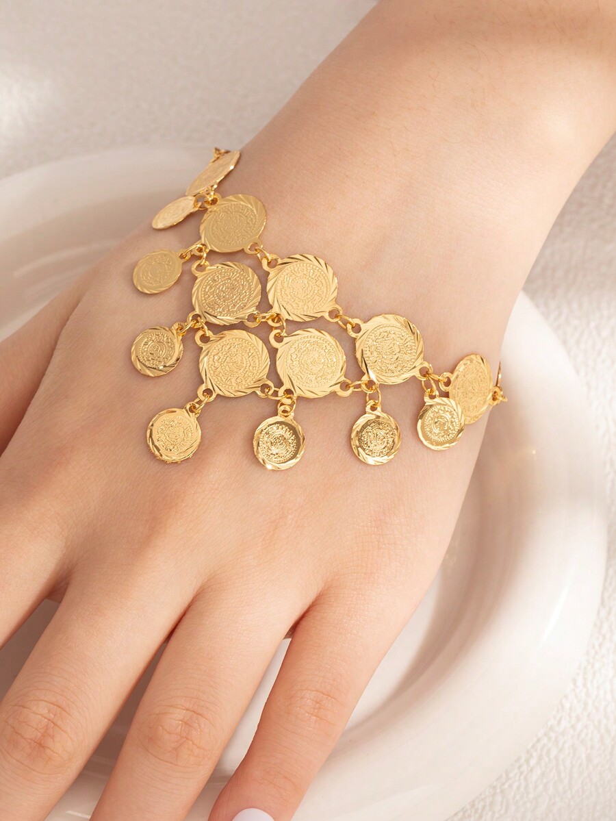 A Copper Plated 18K Gold Inverted Triangle Coin Bracelet, Arabic Style ...