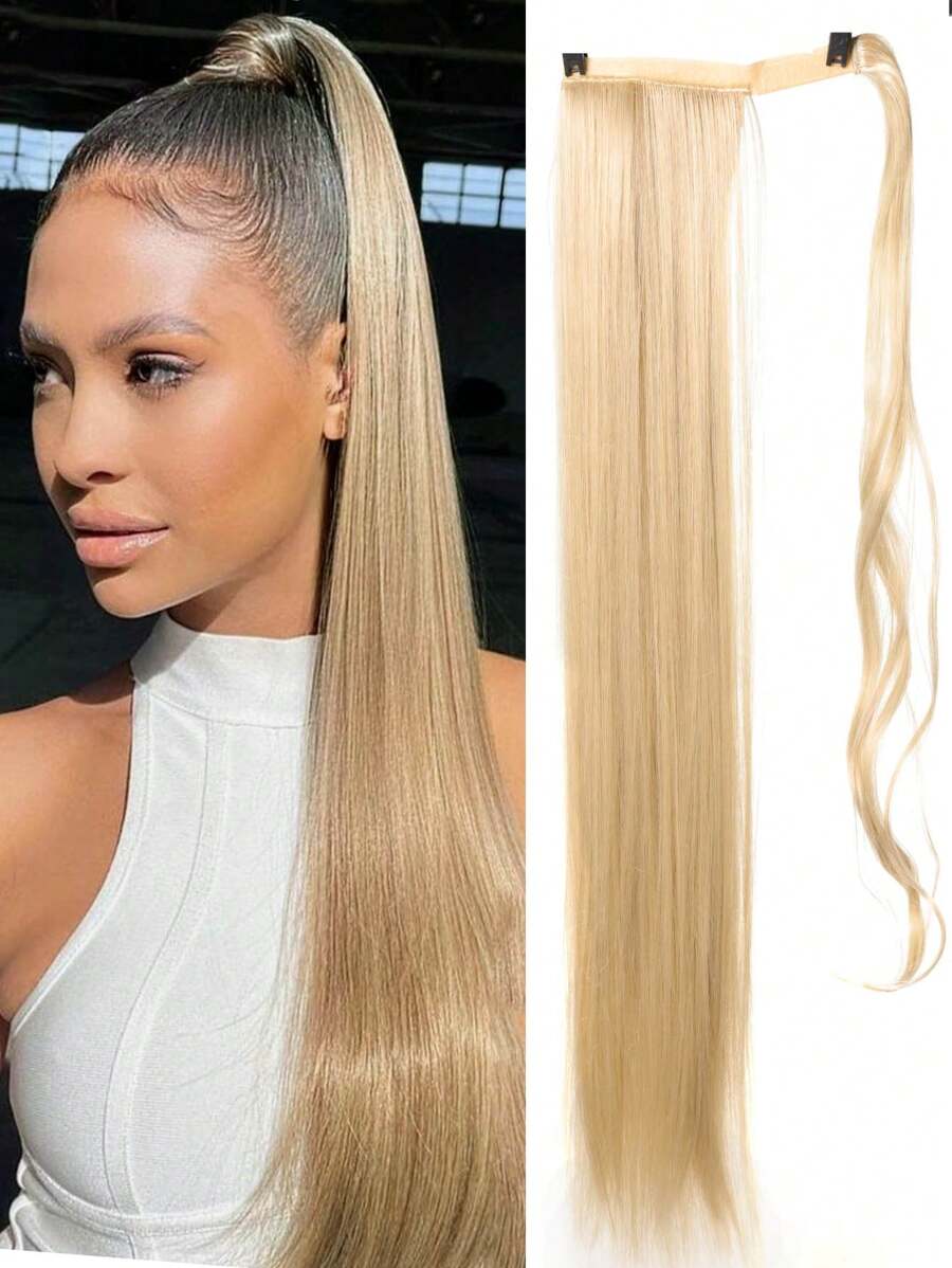 Straight Long Ponytail Extensions 24 Inch Natural Black Wrap Around ...