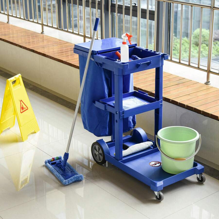 HOMCOM Cleaning Carts On Wheels, Janitorial Trolley With 3 Tier Shelves ...