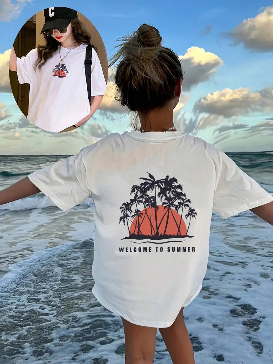 Tween Girl 2024 Summer Beach Sunset & Palm Tree Print White Short ...