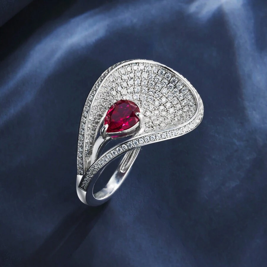 925 Silver Cultivated Red BMW Calla Lily Shaped Ring High-End Luxury ...