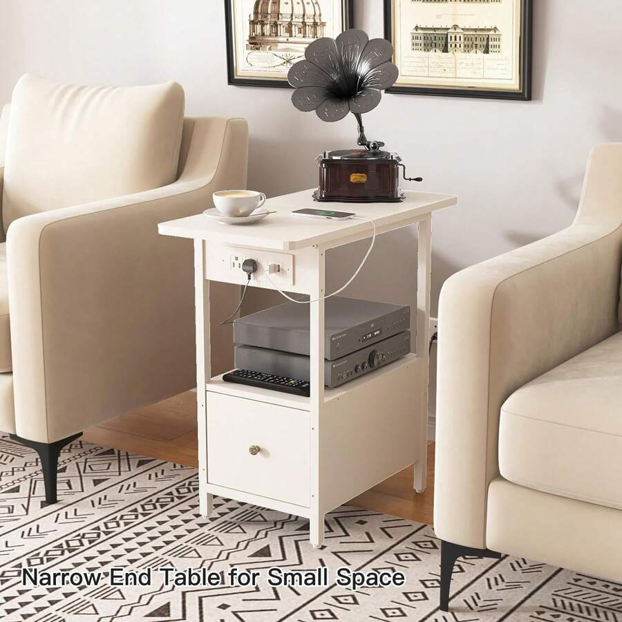 LIDYUK End Table With Charging Station, Narrow Side Table With Drawer ...