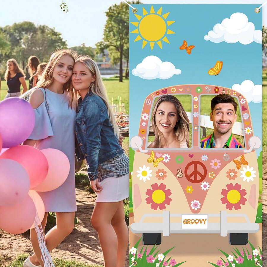 Large Funky Hippie Bus Photo Booth Props Banner - Retro Daisy Groovy ...