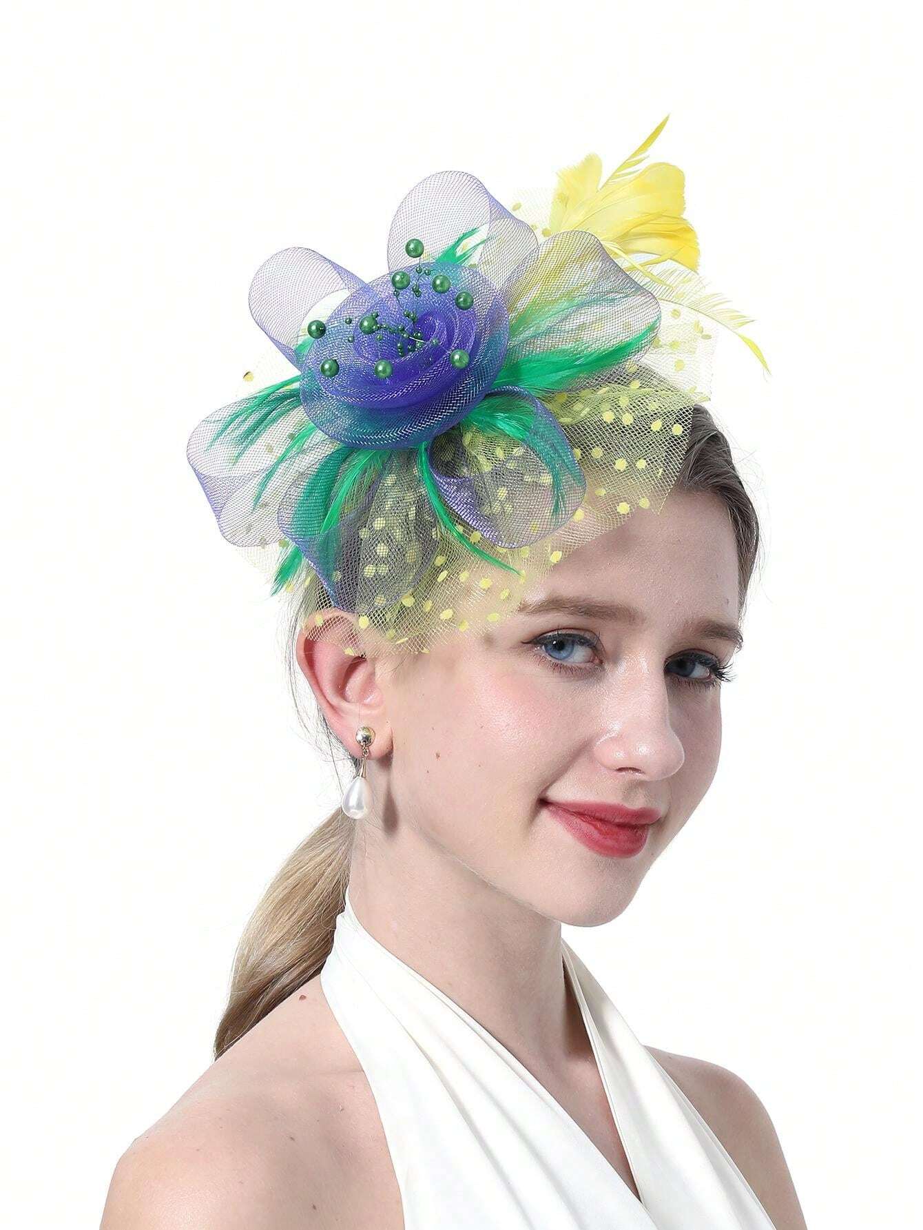 1 Pc Fascinators Hat For Women Tea Party Headband Mesh Ribbons Feather ...