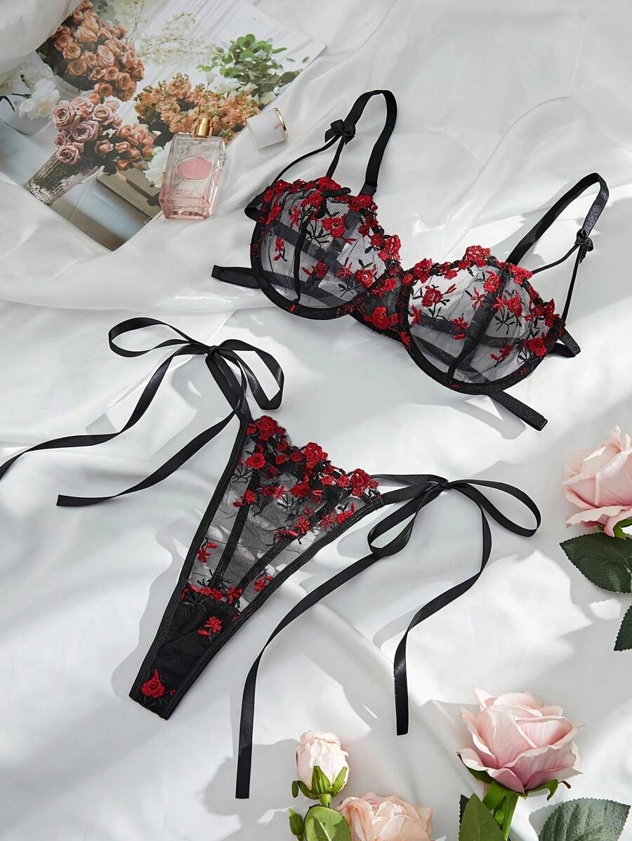 Women's Sexy Embroidered Floral See-Through Bra With Side Tied Thong Lingerie Set | SHEIN USA
