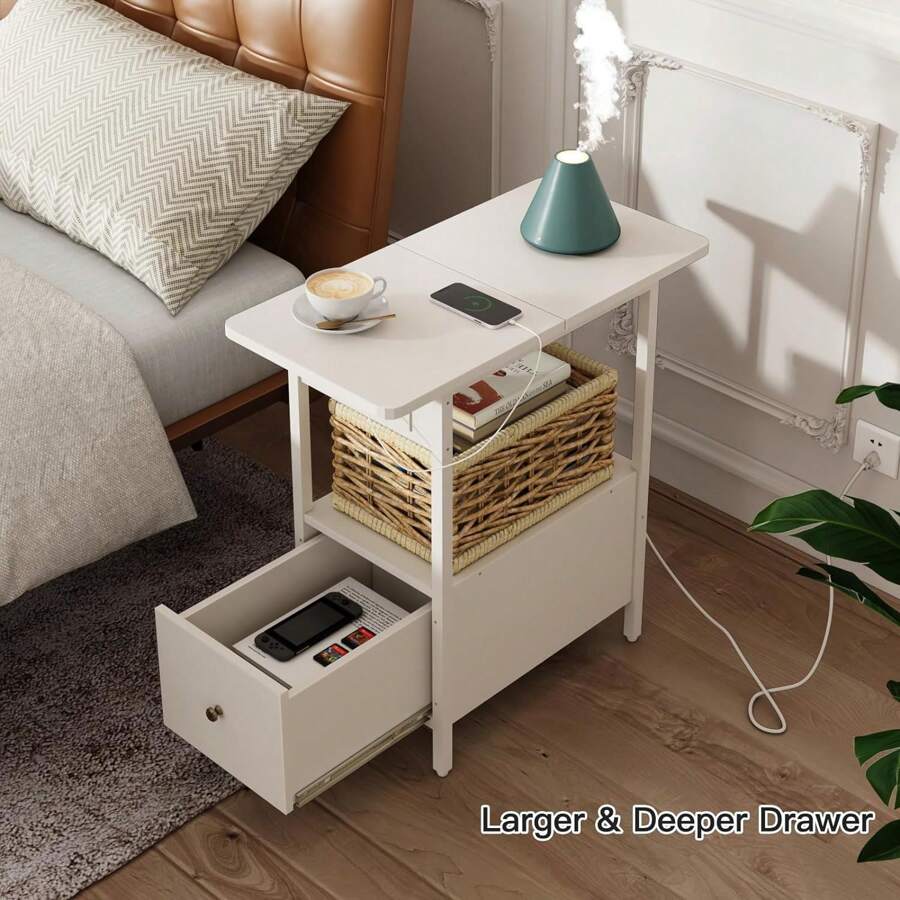 LIDYUK End Table With Charging Station, Narrow Side Table With Drawer ...